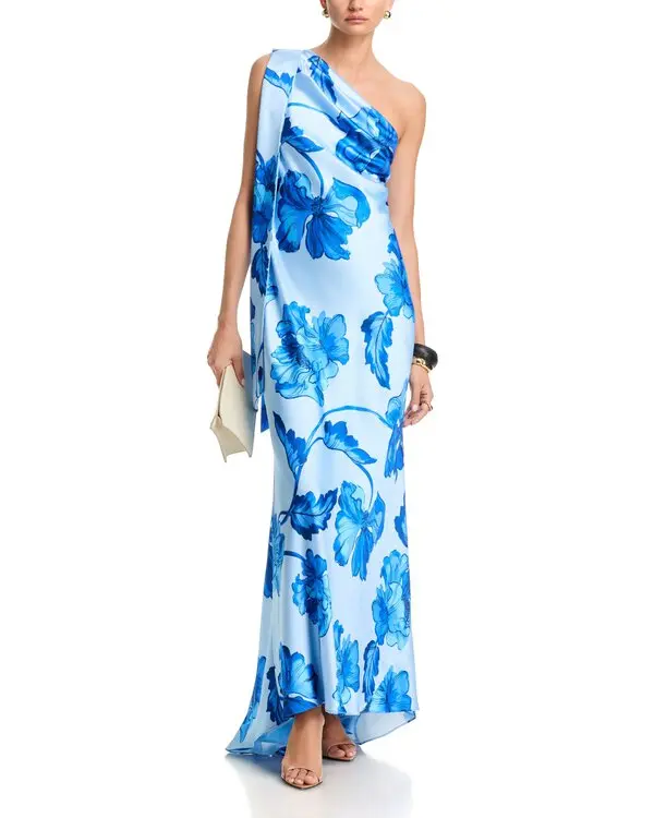 Aqua Long Satin One Shoulder Gown Exclusive