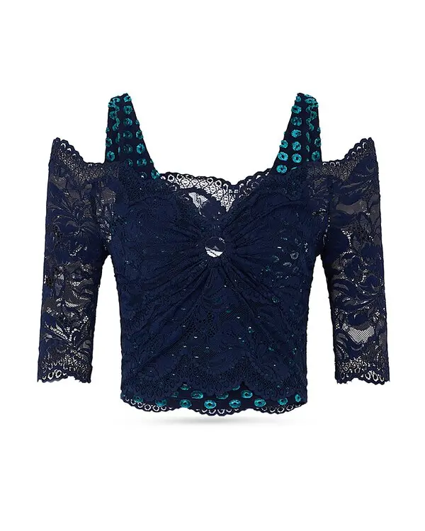 Rabanne Off Shoulder Mixed Media Top - Deep Navy