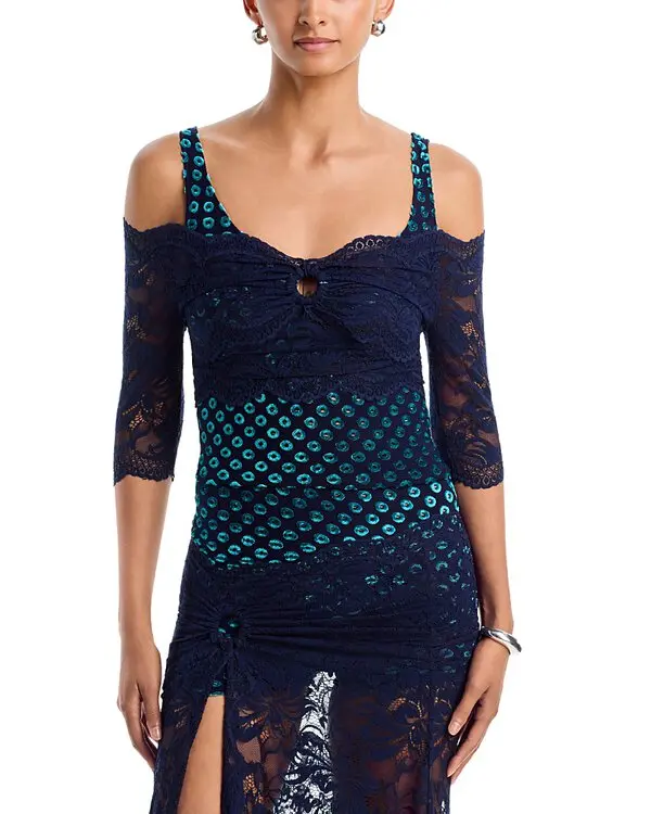 Rabanne Off Shoulder Mixed Media Top - Deep Navy
