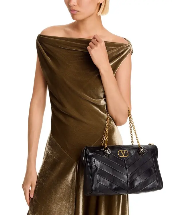 Valentino Garavani Panthea Vlogo Medium Leather Shoulder Bag - Black