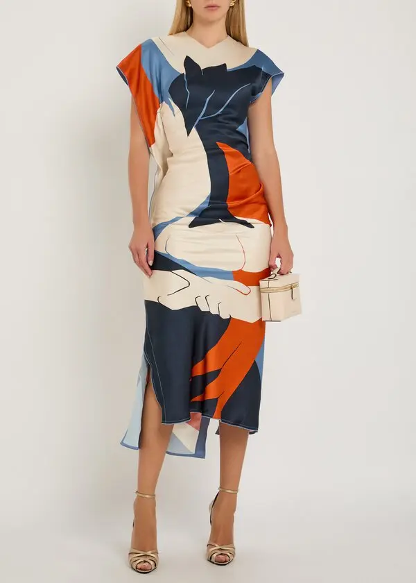 Victoria Beckham Printed Draped Satin Midi Dress - Multicoloured