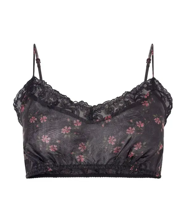 Simone Rocha Cropped Lace-trimmed Floral-print Organza Top - Black