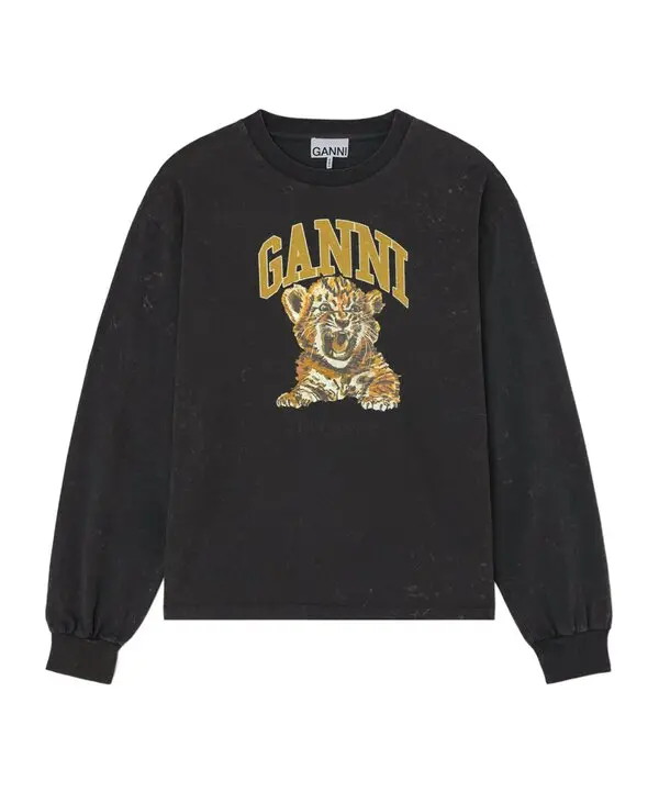 GANNI Logo Tiger Graphic Long Sleeve T-shirt - Phantom Black