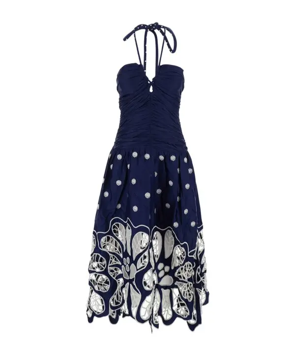 Farm Rio Embroidered Halterneck Dress - Blue