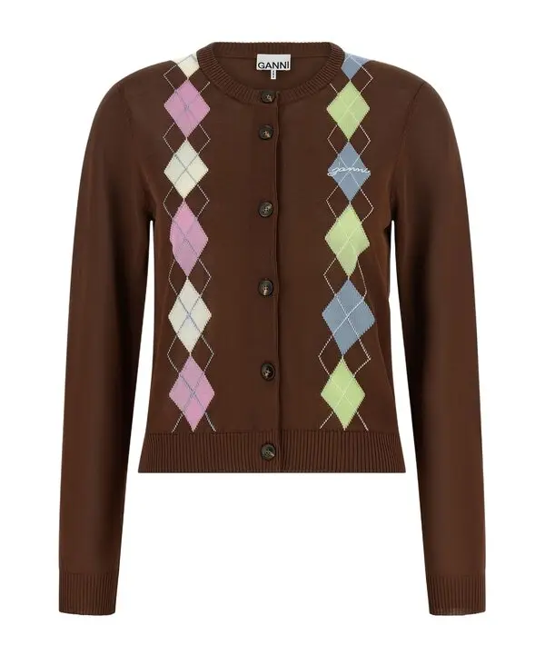 GANNI Argyle Buttoned Cardigan - Brown