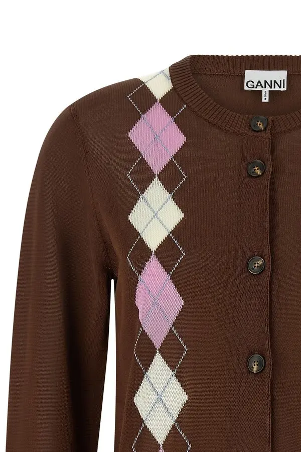 GANNI Argyle Buttoned Cardigan - Brown