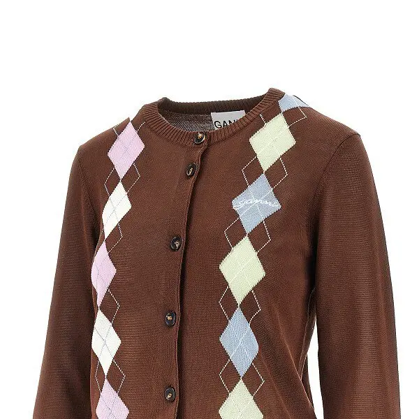 GANNI Argyle Buttoned Cardigan - Brown