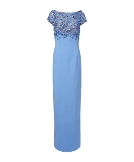 Oscar De La Renta Porcelain Flower Embellished Wool-blend Gown - Blue