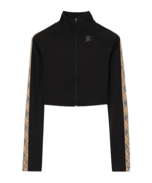 Burberry Cropped Track Jacket With Check Taping - Black
