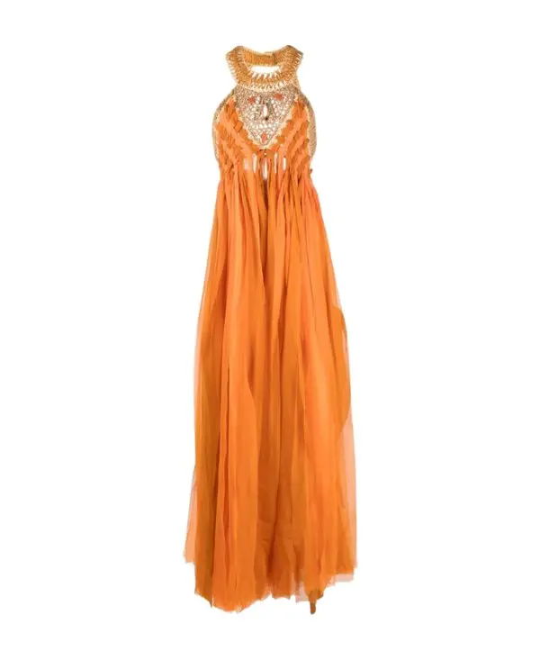 Alberta Ferretti Stone-embellished Fringed Maxi Dress - Orange