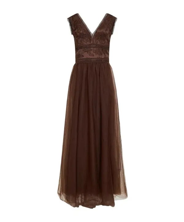 ERMANNO FIRENZE Sleeveless V-neck Embroidered Gown - Brown