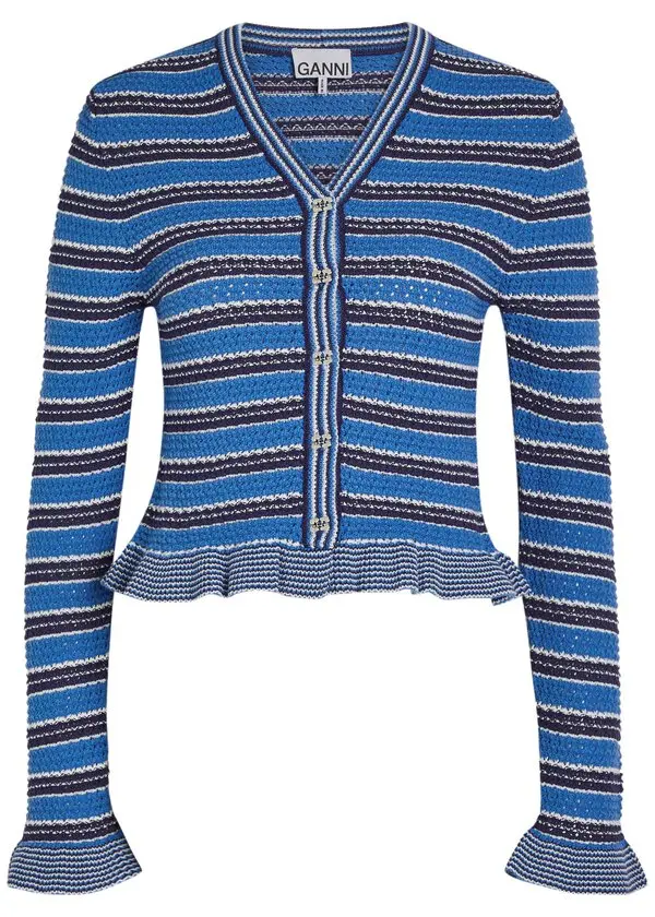GANNI Striped Cotton-knit Cardigan