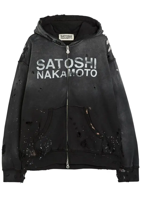 SATOSHI NAKAMOTO Luke Printed Hooded Distressed Cotton Sweatshirt - Black