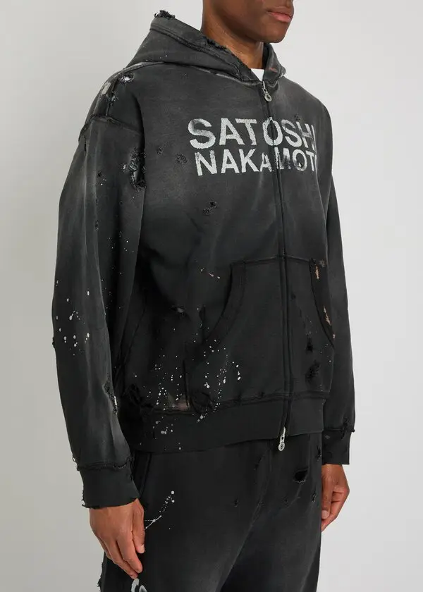 SATOSHI NAKAMOTO Printed Distressed Cotton Hooded Sweatshirt - Black