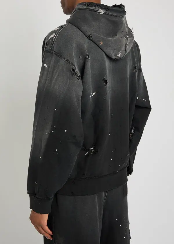 SATOSHI NAKAMOTO Printed Distressed Cotton Hooded Sweatshirt - Black