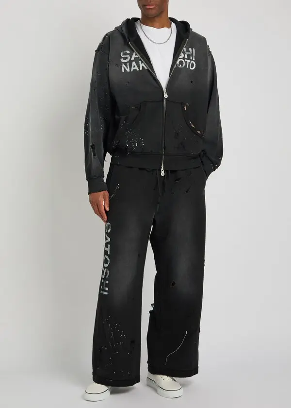 SATOSHI NAKAMOTO Printed Distressed Cotton Hooded Sweatshirt - Black