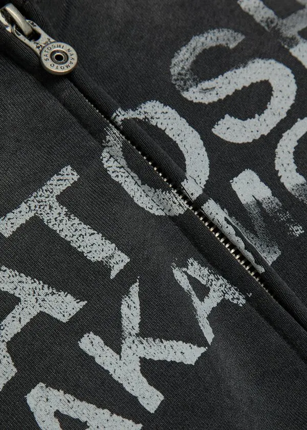 SATOSHI NAKAMOTO Printed Distressed Cotton Hooded Sweatshirt - Black