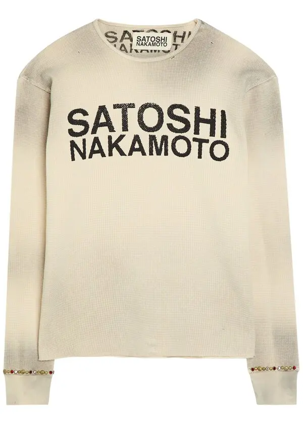 SATOSHI NAKAMOTO Distressed Long-sleeve Waffle Cotton T-shirt - White