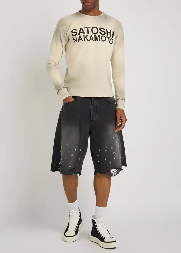 SATOSHI NAKAMOTO Distressed Long-sleeve Waffle Cotton T-shirt