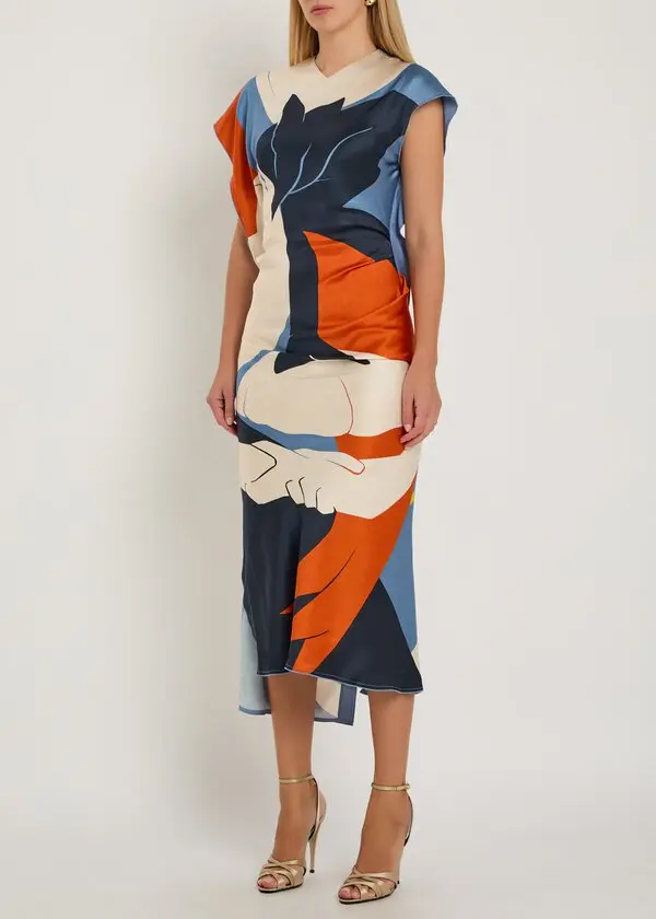 Victoria Beckham Printed Draped Satin Midi Dress