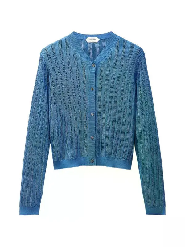 Versace Viscose Mesh Ribbed Knit Cardigan - Blue