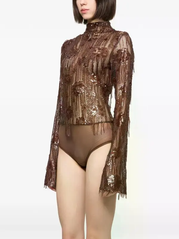 ATU BODY COUTURE Sequin Embellished Fringed Bodysuit - Brown