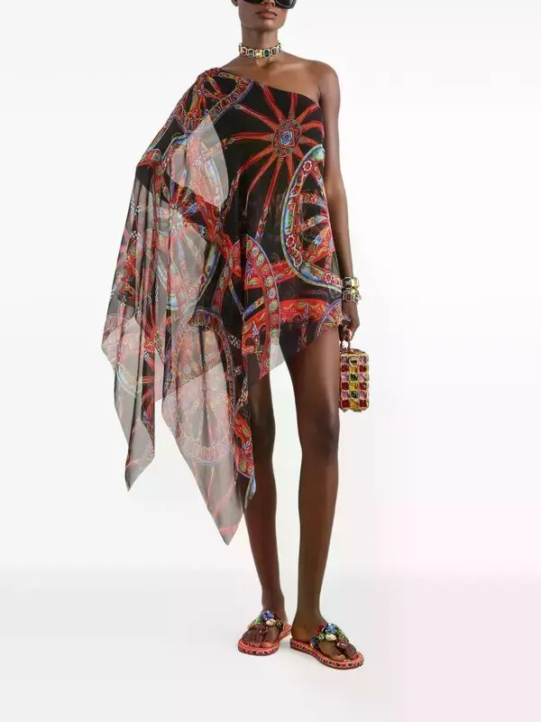 Dolce & Gabbana One-shoulder Carretto Print Silk Chiffon Dress - Black