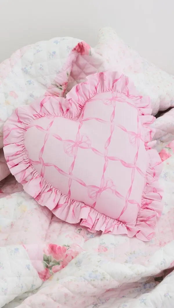 LoveShackFancy Heart Ruffle Pillow With Bow Print