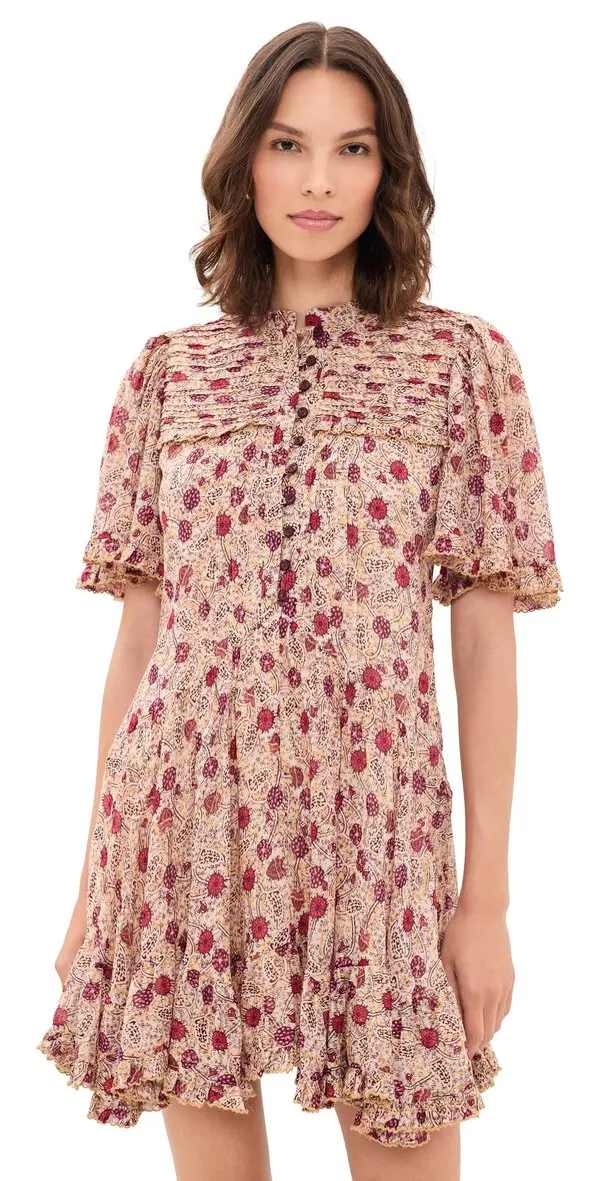 Isabel Marant Étoile Daynia Dress With Abstract Print And Ruffle Trim - Ecru/raspberry