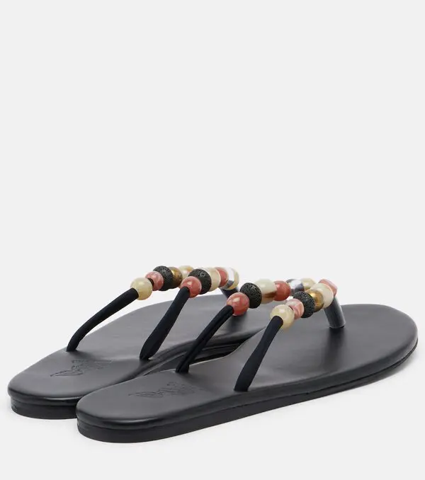 ANCIENT GREEK SANDALS Saionara Beaded Leather Thong Sandals - Black