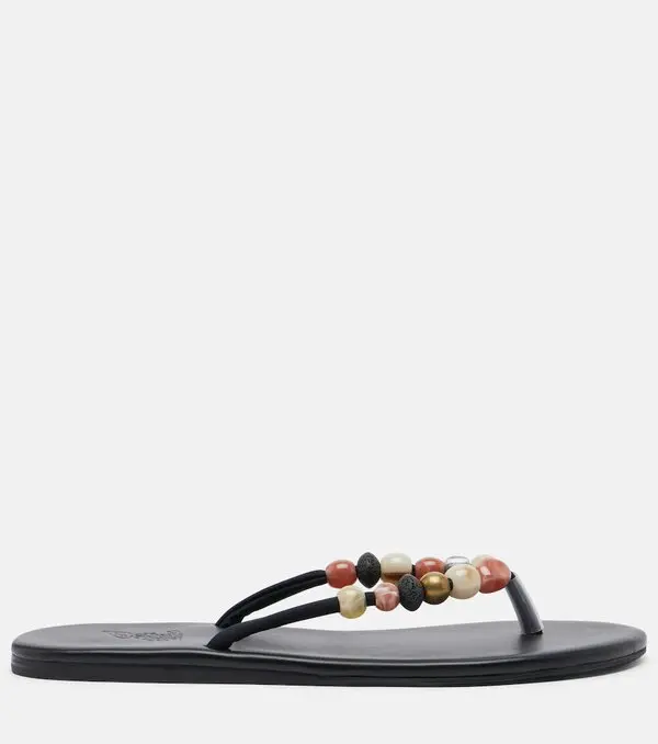 ANCIENT GREEK SANDALS Saionara Beaded Leather Thong Sandals - Black