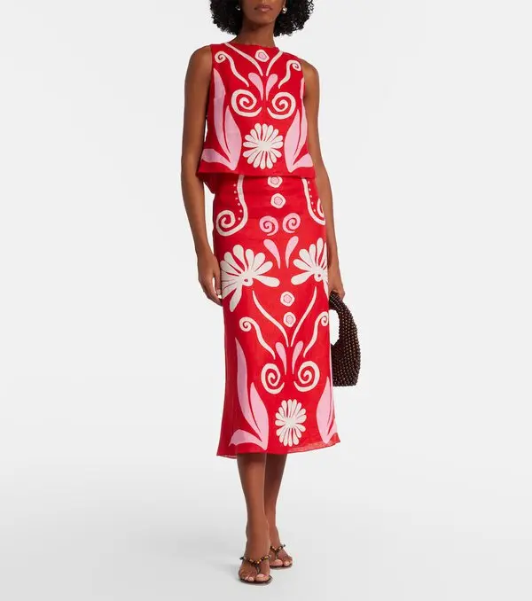 CALA DE LA CRUZ Fabiana Printed Linen Midi Skirt - Red