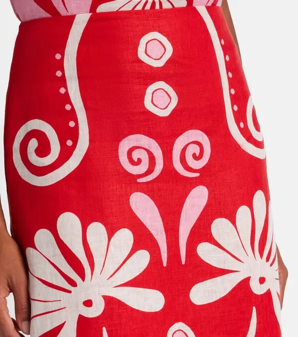 CALA DE LA CRUZ Fabiana Printed Linen Midi Skirt - Red