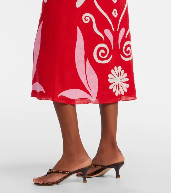 CALA DE LA CRUZ Fabiana Printed Linen Midi Skirt - Red