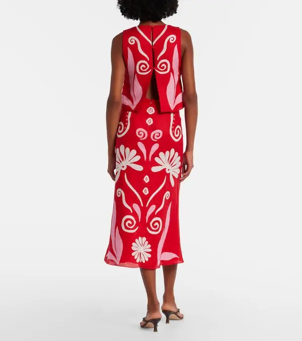CALA DE LA CRUZ Fabiana Printed Linen Midi Skirt - Red