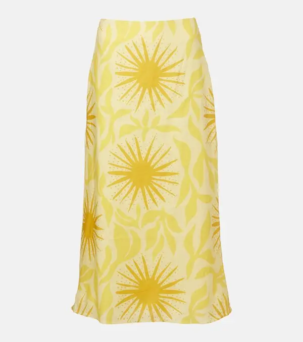 CALA DE LA CRUZ Fabiana Printed Linen Midi Skirt - Yellow