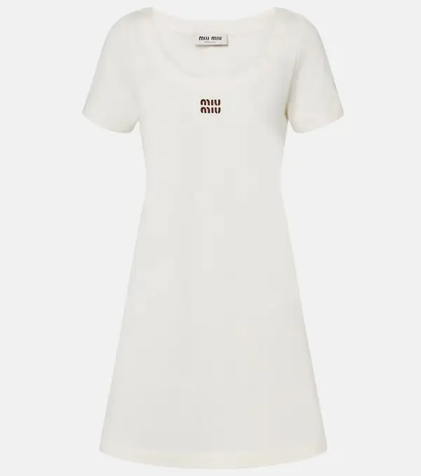 Miu Miu Leather-trimmed Cotton Jersey Mini Dress - White