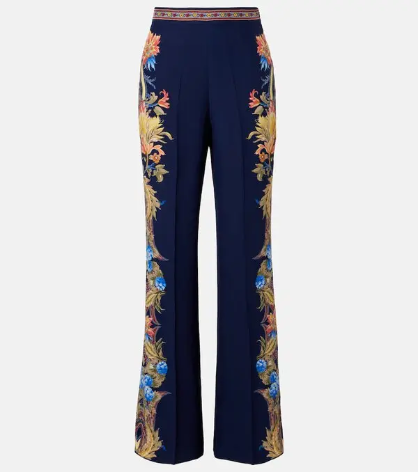 Etro Floral Silk Straight Leg Trousers - Blue