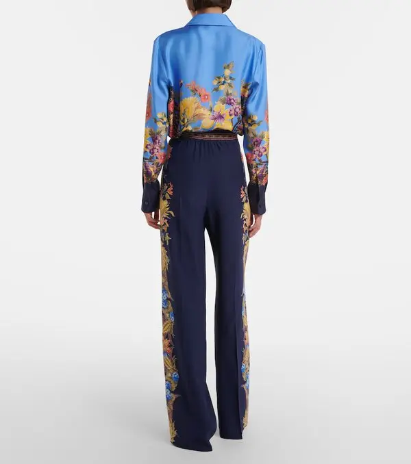Etro Floral Silk Straight Leg Trousers - Blue