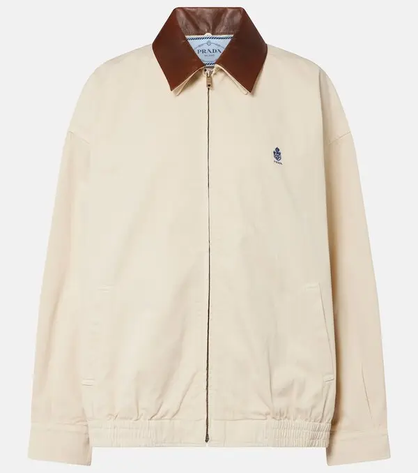 Prada Oversized Cotton Blouson Jacket With Leather Trim - Beige