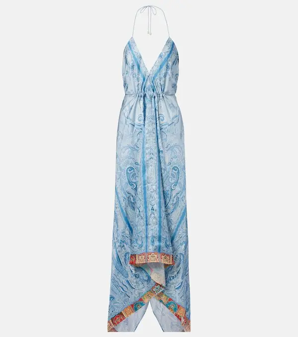 Etro Paisley Asymmetrical Silk Maxi Dress - Blue