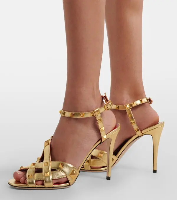Valentino Garavani Studded Metallic Leather Sandals - Gold