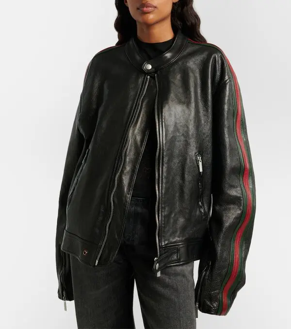 Gucci Web Stripe Leather Biker Jacket