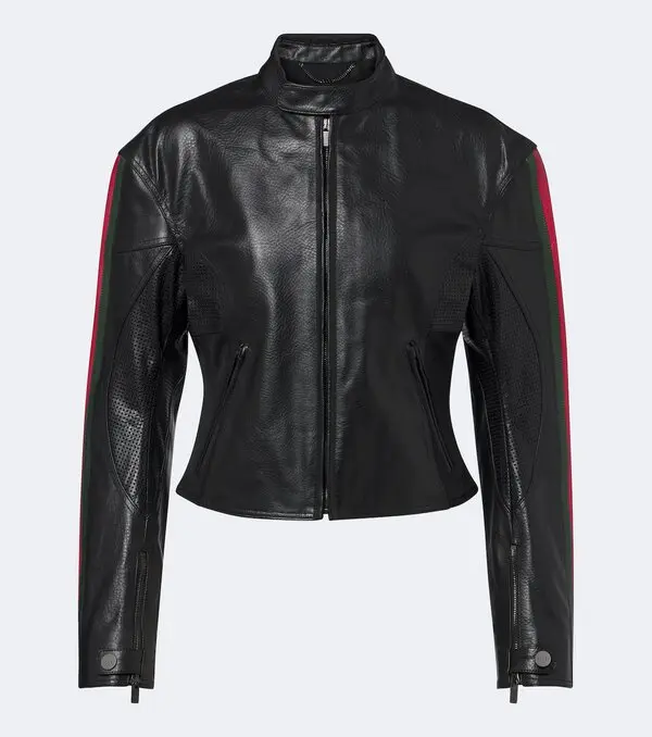 Gucci Web Stripe Leather Biker Jacket - Black