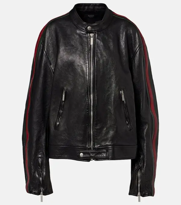 Gucci Web Stripe Leather Biker Jacket - Black