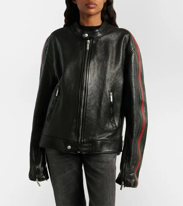 Gucci Web Stripe Leather Biker Jacket