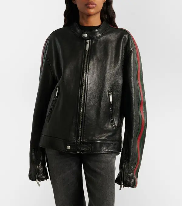 Gucci Web Stripe Leather Biker Jacket