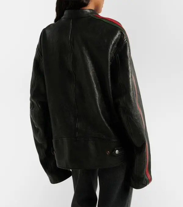 Gucci Web Stripe Leather Biker Jacket