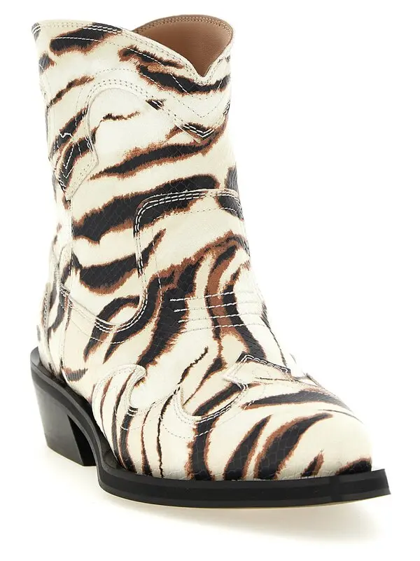 GANNI Western Ankle Boots With Snake And Zebra Print - Cream