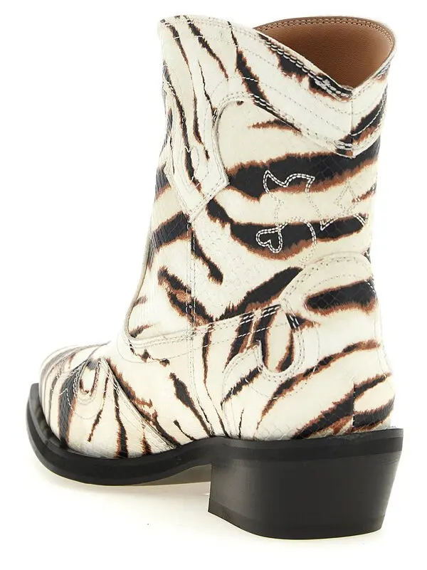 GANNI Western Ankle Boots With Snake And Zebra Print - Cream